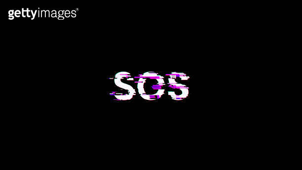 3D rendering SOS text with screen effects of technological glitches ...