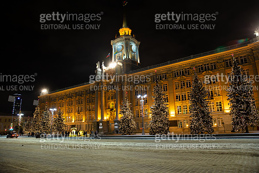 Night view of the City Hall building in the winter during Christmas and ...
