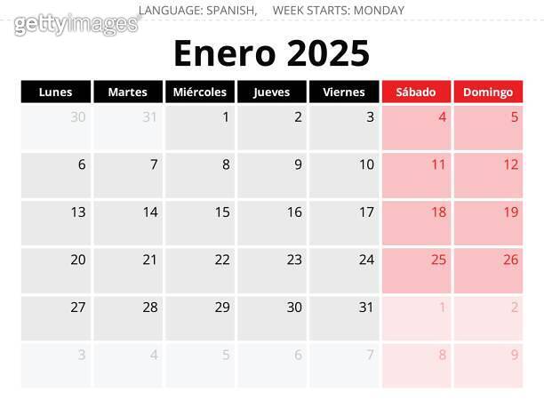 2025 Spanish January monthly calendar. Vector illustrations for month ...