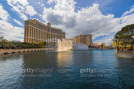 Beautiful view of the Bellagio casino hotel fountains on a sunny day ...