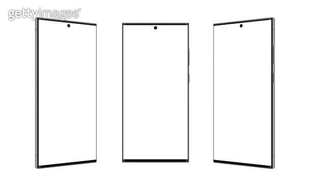 Three positions of a modern square shape smartphone with thin, sharp ...