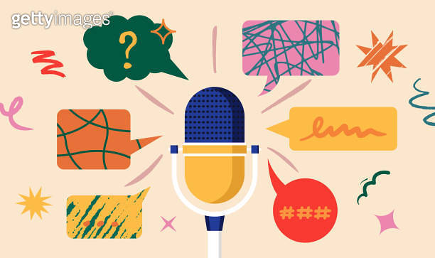 Concept of Communication and Conversation during a podcsat. Expressive ...