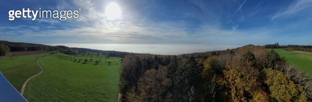 Panoramic view of Lake Constance covered in mist from Markdorf lookout ...