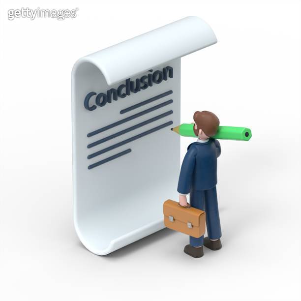 3D illustration of bearded american businessman Bob writes conclusion ...