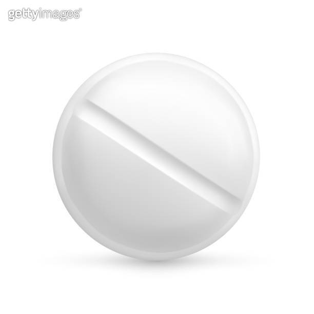 Realistic white round pill split in half. Symbol of treatment ...