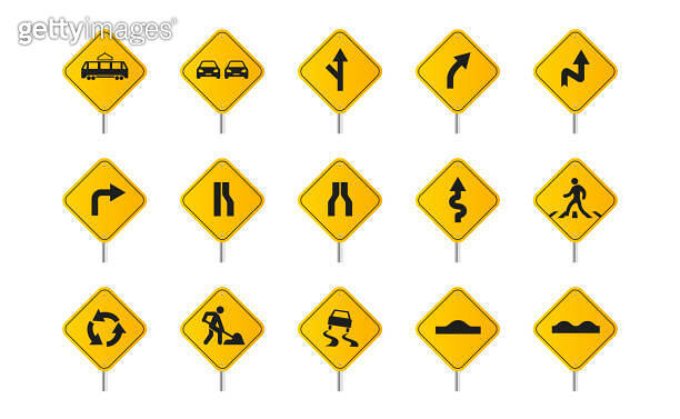 Yellow warning road signs. Danger and caution street signs collection ...