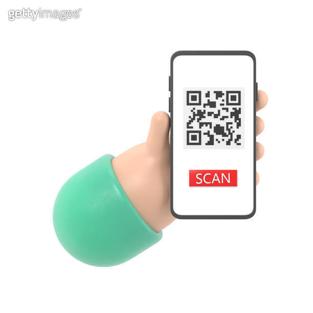 3d cartoon hand holds smartphone and use mobile app service with scan ...