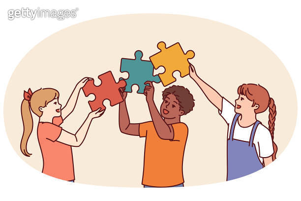 Diverse kids hold puzzle pieces as together solve problem together and ...