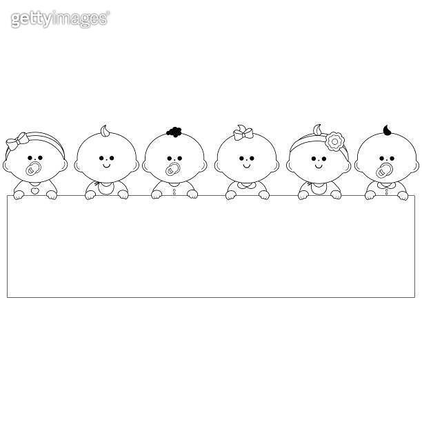 Diverse group of babies and blank banner. Cute baby girls and boys ...
