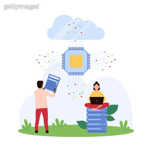 Cloud computing using AI, tech system innovation, tiny people work with ...