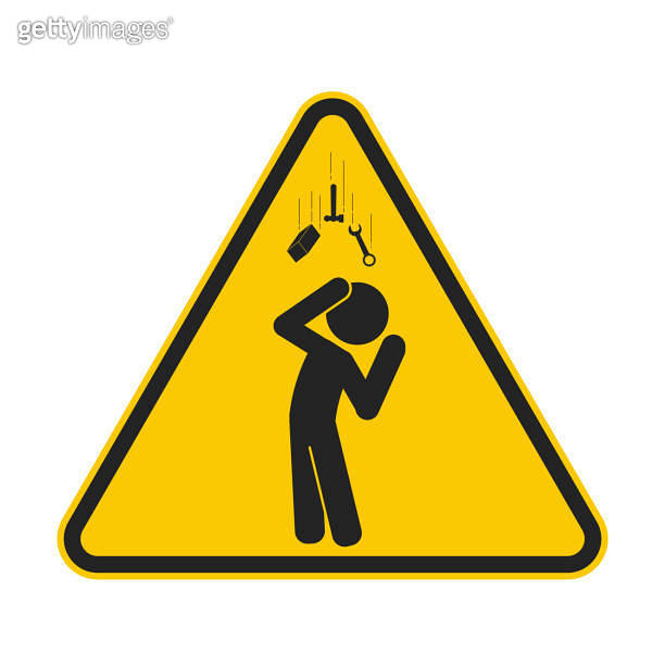 Triangle yellow safety sign hammer falling on head use for safety ...