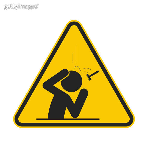Triangle yellow safety sign hammer falling on head use for safety ...