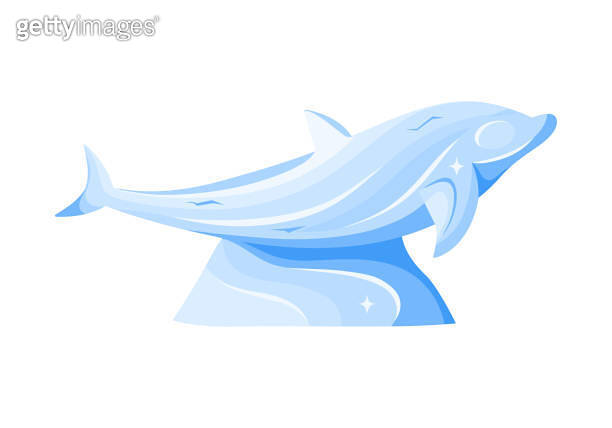 Ice sculpture of dolphin in sea waves, crystal statue made from frozen ...