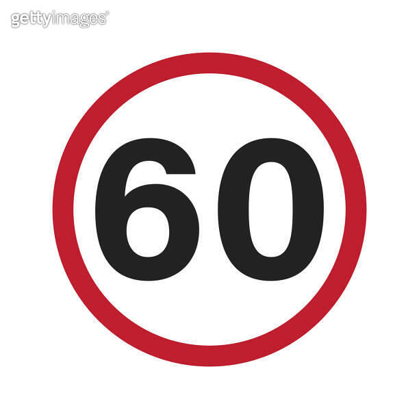 Isolated speed limit 60 kilometers per hour or mph sign, in red circle ...