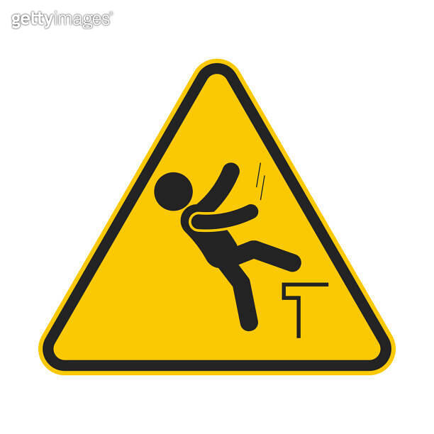 Triangle yellow safety sign man falling from edge of a roof building ...