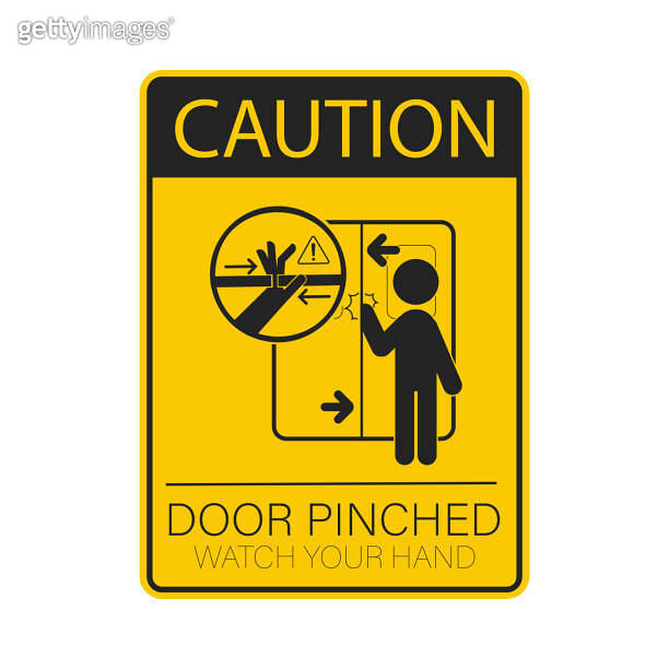 Isolated label sticker hand pinched by closing door, safety sign for ...