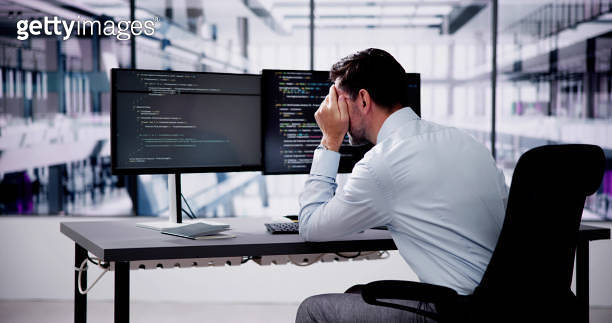 Unhappy Sad Developer Programmer Man In Stress Coding Software ...