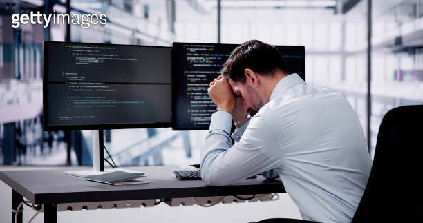 Unhappy Sad Developer Programmer Man In Stress Coding Software 이미지 ...