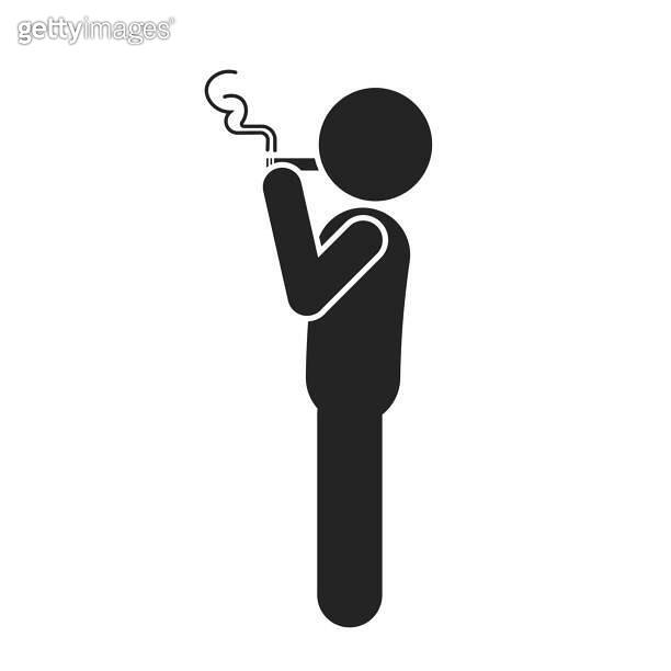 Isolated pictogram standing stick figure smoking cigarette with smoke ...