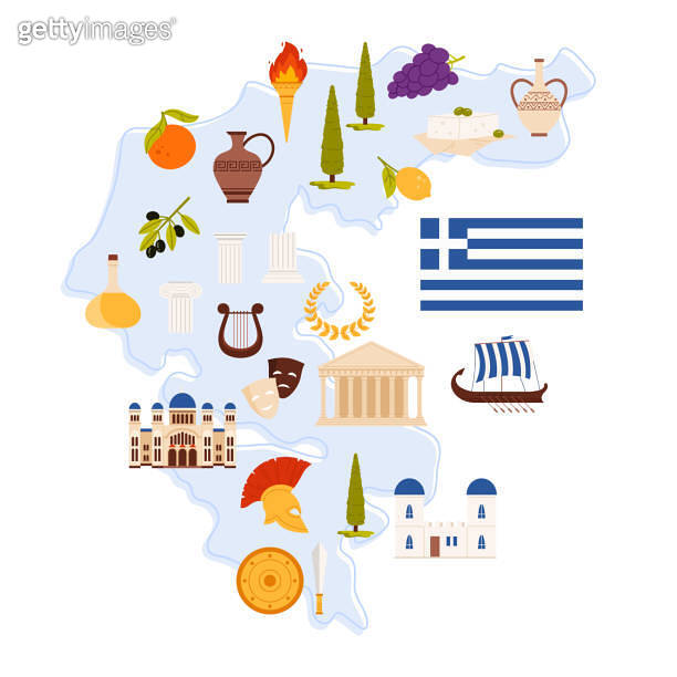 Welcome to Greece, banner design with culture and heritage elements ...