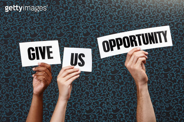 Give Us Opportunity, say diverse hands holding up signs 이미지 (2149827615 ...