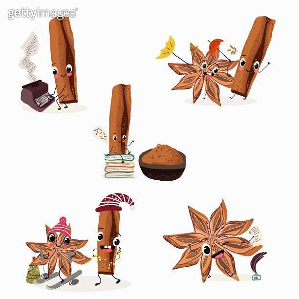 Cute cartoon cinnamon character set, spices, collection. Flat vector ...
