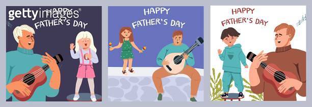 Happy Fathers Day postcard set with musical instruments, guitar ...