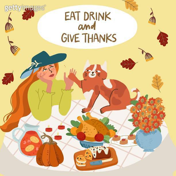 Happy Thanksgiving isolated illustration. Cute lady, girl with ginger ...