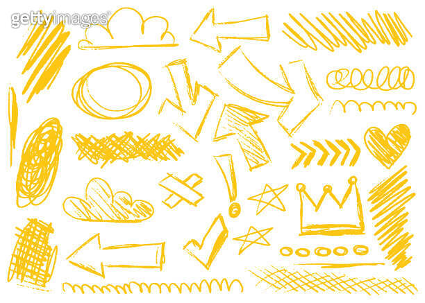 Yellow crayon lines and strokes. Doodle pencil lines and grunge chalk ...