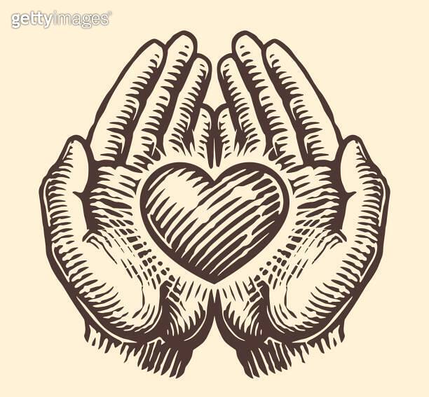 Hands folded together holding heart. Hand drawn sketch vector ...