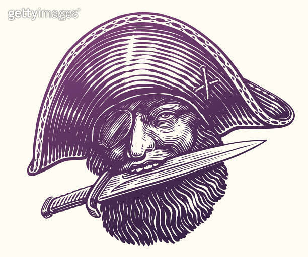 Pirate with dagger in teeth. Sea captain of hip in hat with knife. Hand ...