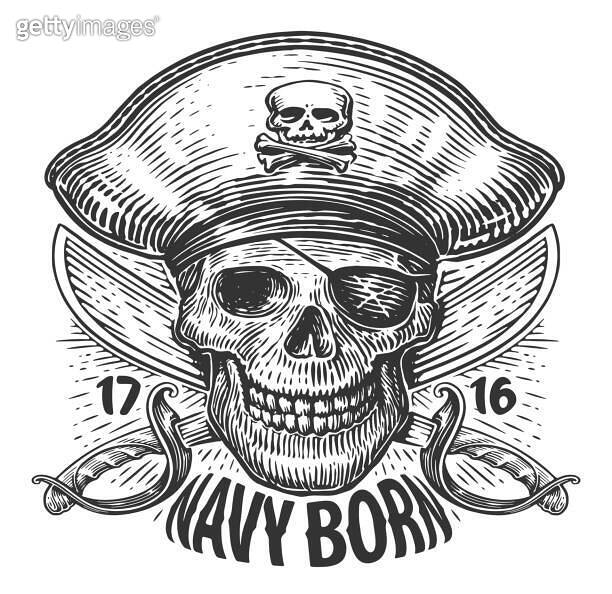 NAVY BORN. Skull and crossed sabers. Jolly Roger, skeleton pirate ...