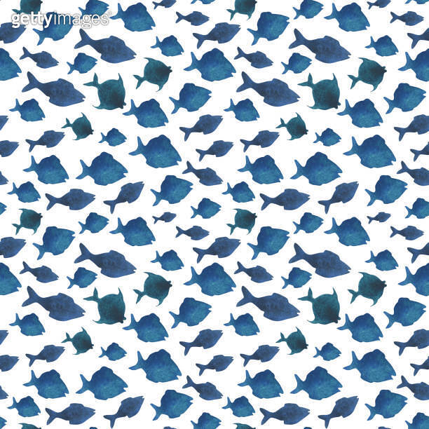 Simple blue fish silhouettes. Watercolor illustration hand drawn in ...