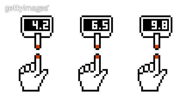 Glucometer pixel icon for glycemic measurement set. Diabetic glucose ...
