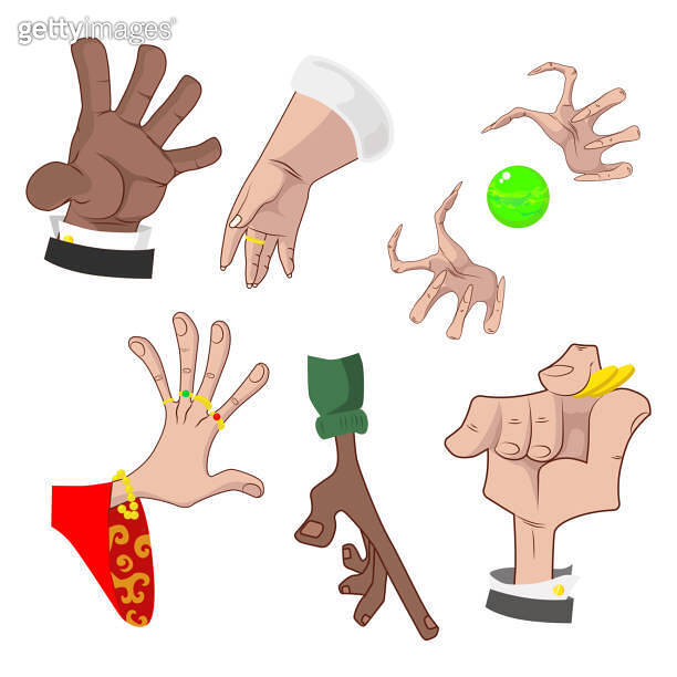 Set of different hand gestures with objects in cartoon style. Vector ...