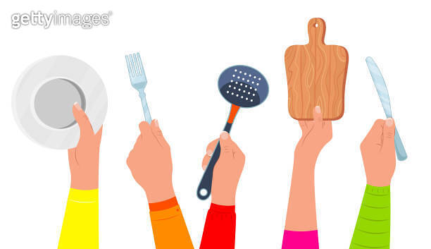 Set of hands with colorful clothes holding dishes in cartoon style ...