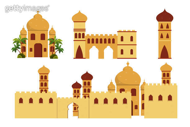 Set of beautiful Islamic architecture in cartoon style. Vector ...