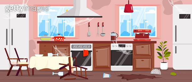 Vector illustration of an untidy, neglected kitchen.Cartoon scene of a ...