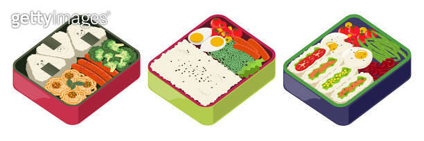 Set of delicious lunch boxes in cartoon style. Vector illustration of ...