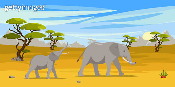 Vector illustration of African landscape. Cartoon scene of a summer ...