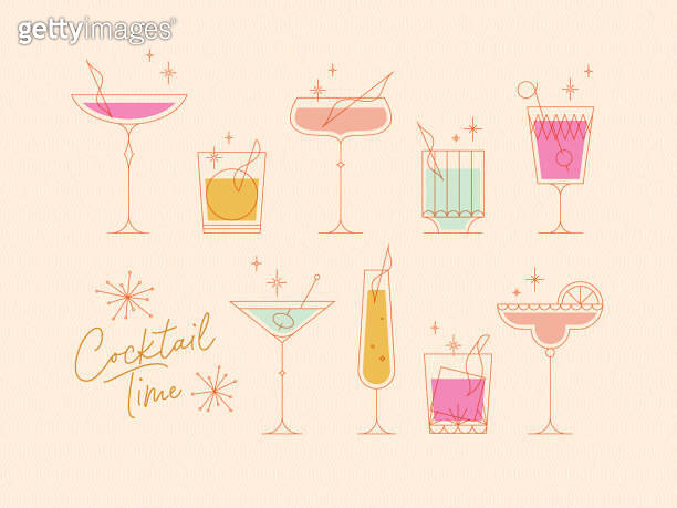 Cocktails time set with glasses in retro style beige (2160096289) - 게티이미지뱅크