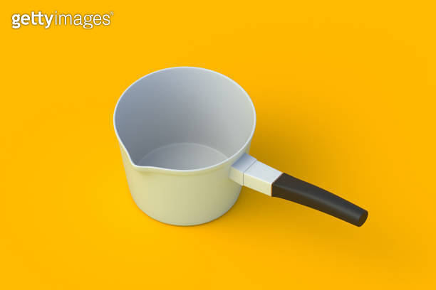 One saucepan with plastic handle on orange background. Empty casserole ...