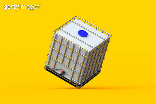 Falling water tank on orange background. Ibc container. Big plastic ...