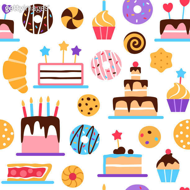 Pastry seamless pattern on white background. Colorful baked healthy ...