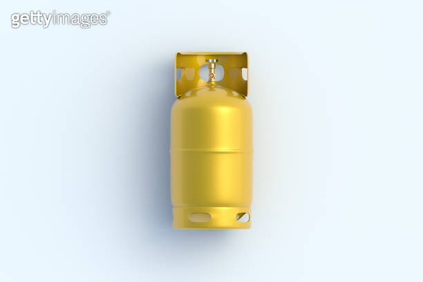 Yellow gas cylinder on gray background. Lpg tank. Liquified methane ...