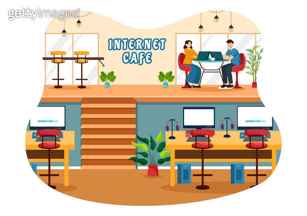 Internet Cafe Vector Illustration with Building for Young People ...
