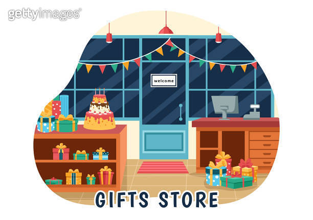 Gifts Store Vector Illustration of Wrapped Gift Box with Ribbon and ...