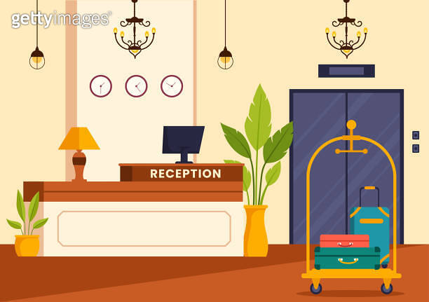 Hotel Reception Interior Vector Illustration with Receptionist People ...