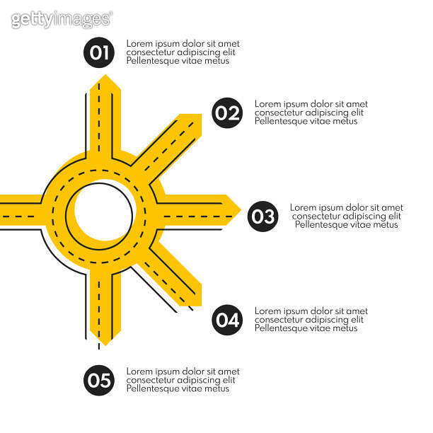 road line with ring crossroad and 5 different exits, yellow vector ...