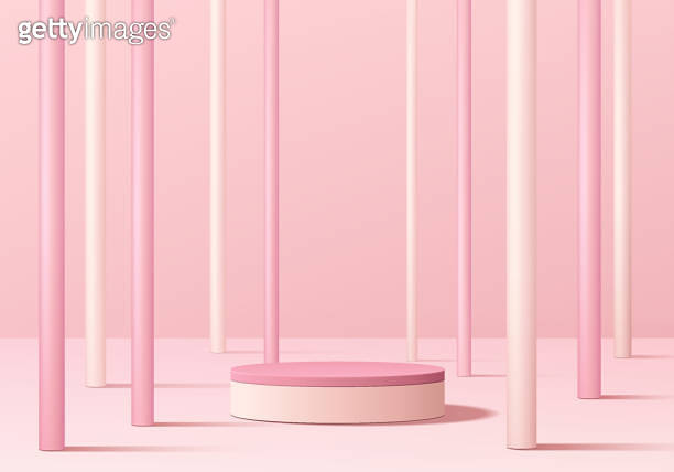 Realistic 3D pink cylindrical podium background with many pillars or ...